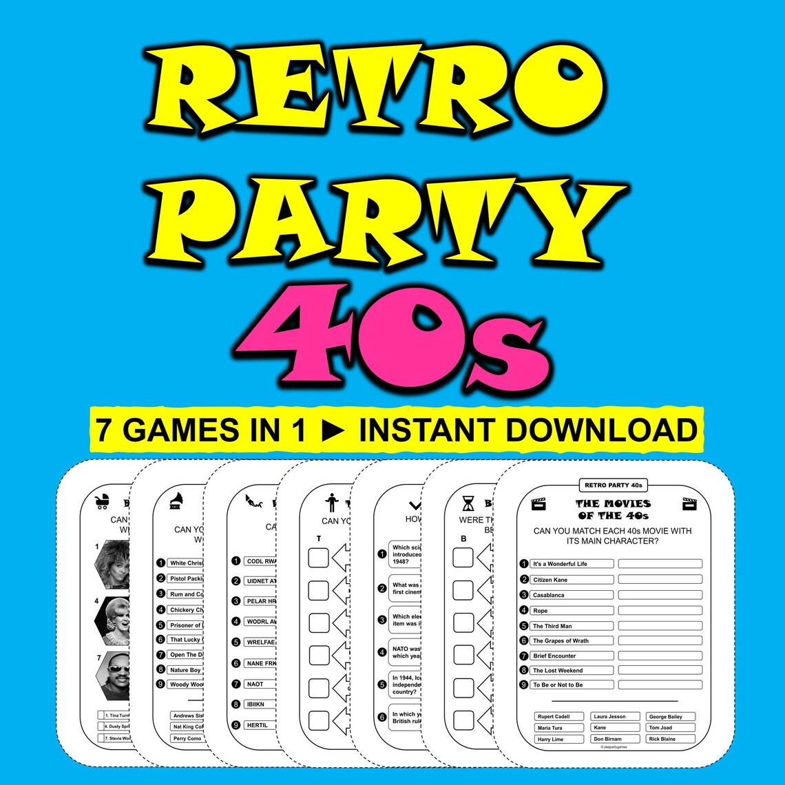 Retro Party Games 40s Party Games Bundle Printable Games 40s Trivia 40s ...