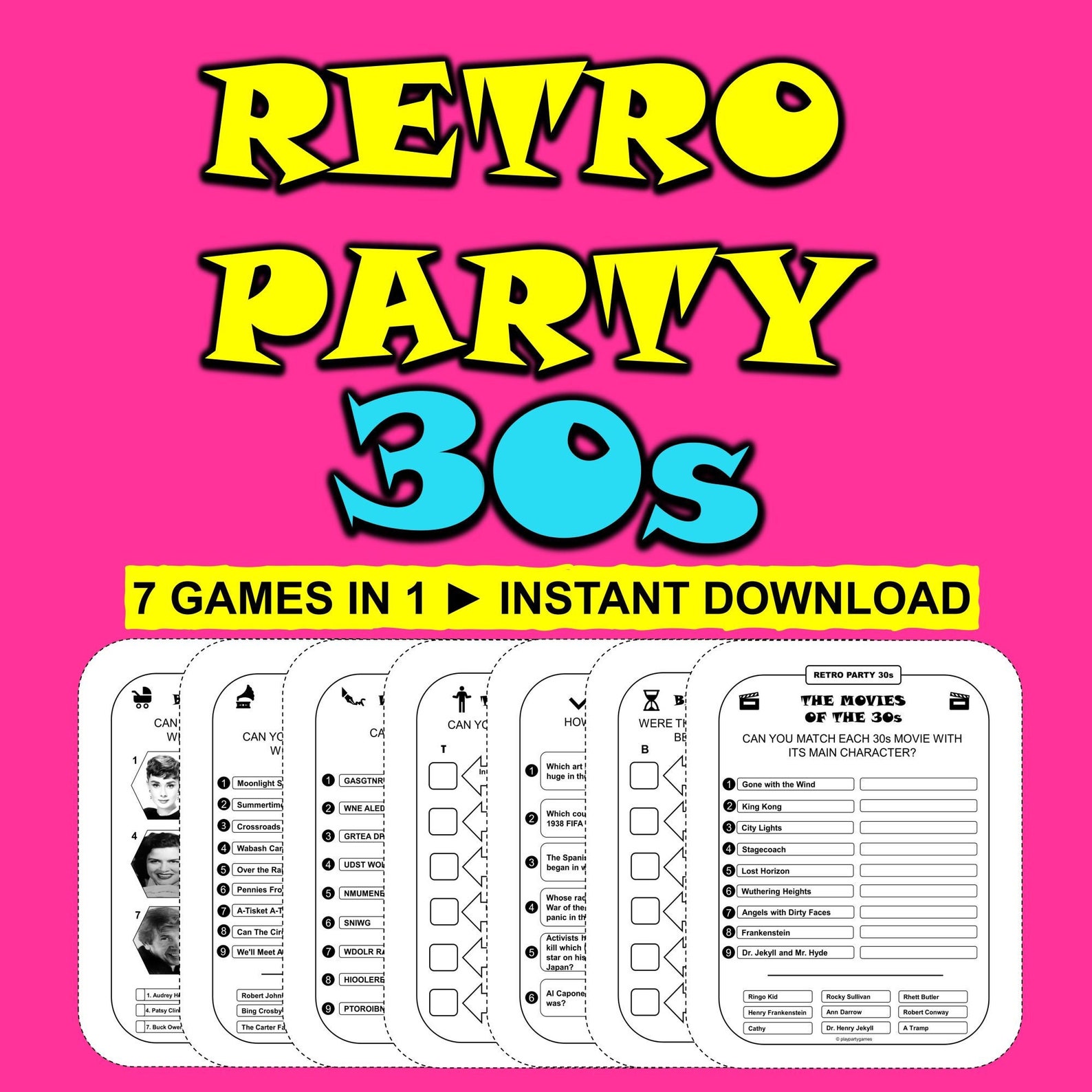 Retro Party Games 30s Party Games Bundle Printable Games 30s Trivia 30s ...