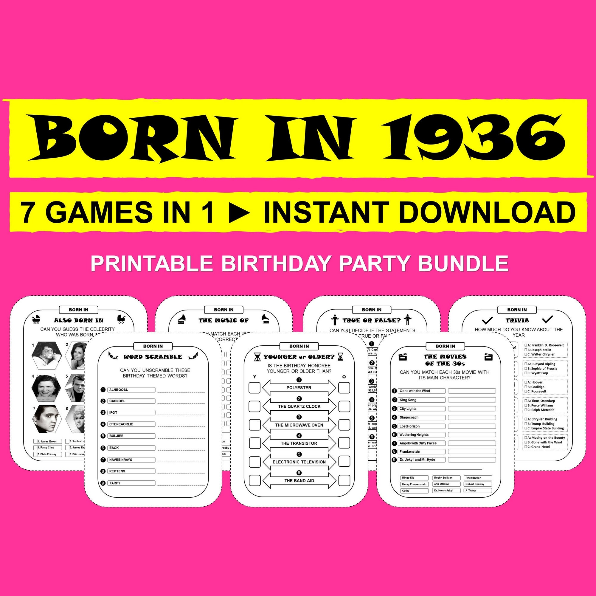 88th Birthday Games Born in 1936 Game Bundle Birthday Party Activities ...
