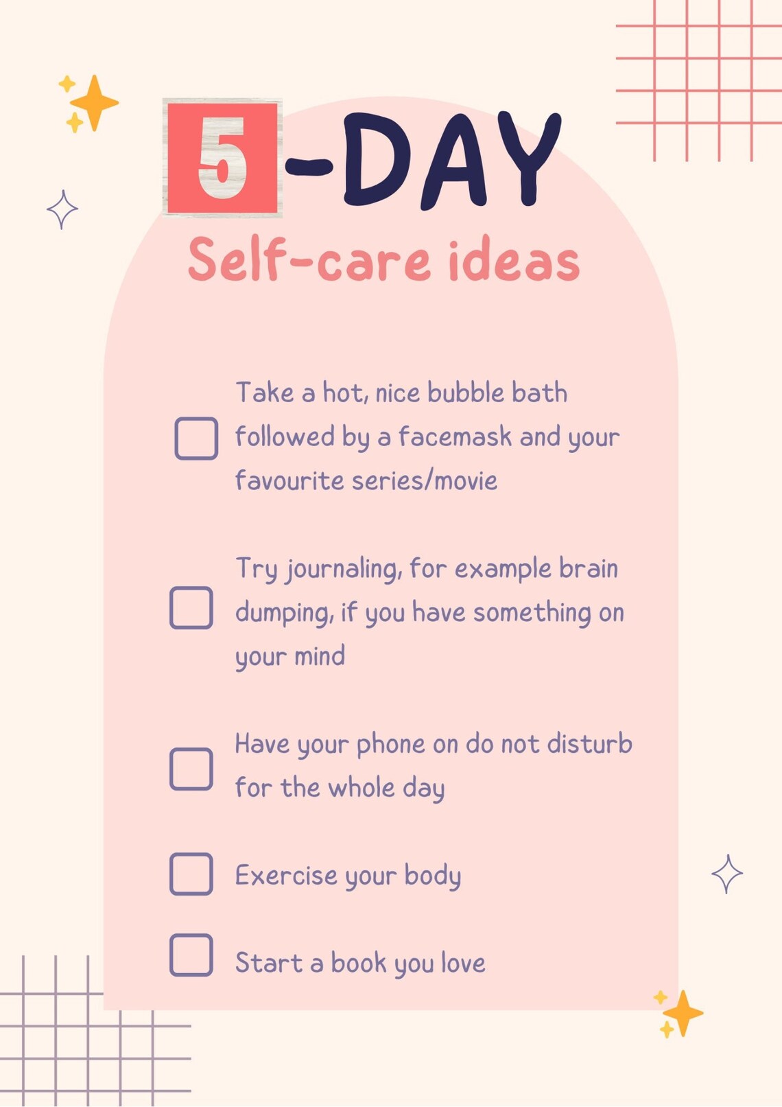 5-day Self-care Ideas Printable - Etsy