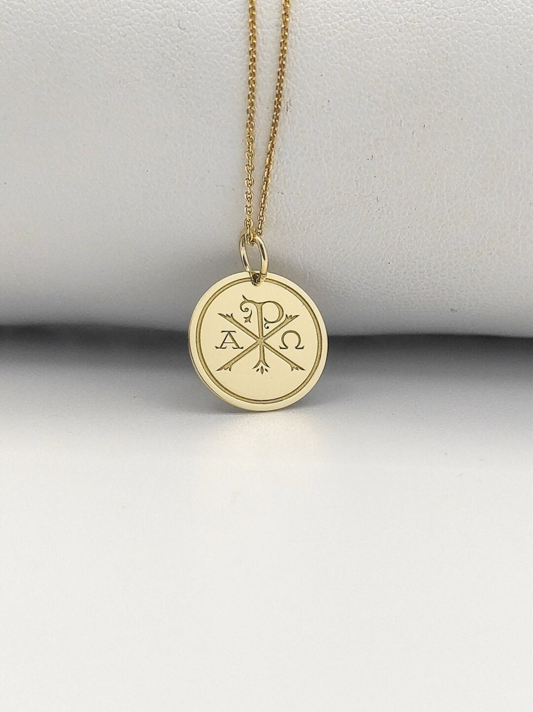 14K Solid Gold Chi Rho Cross Necklace, Gold Cross Coin Pendant, Greek ...