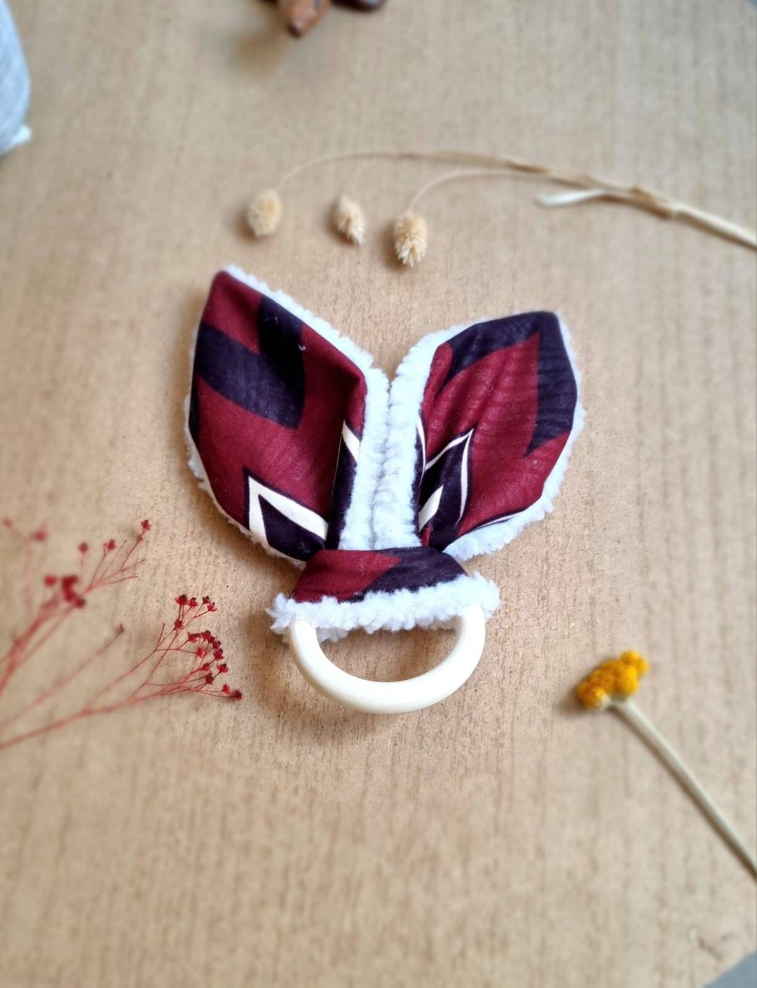 Teething Ring Rabbit Ears in African Wax Terracotta Fabric White Sherpa Fabric - Etsy