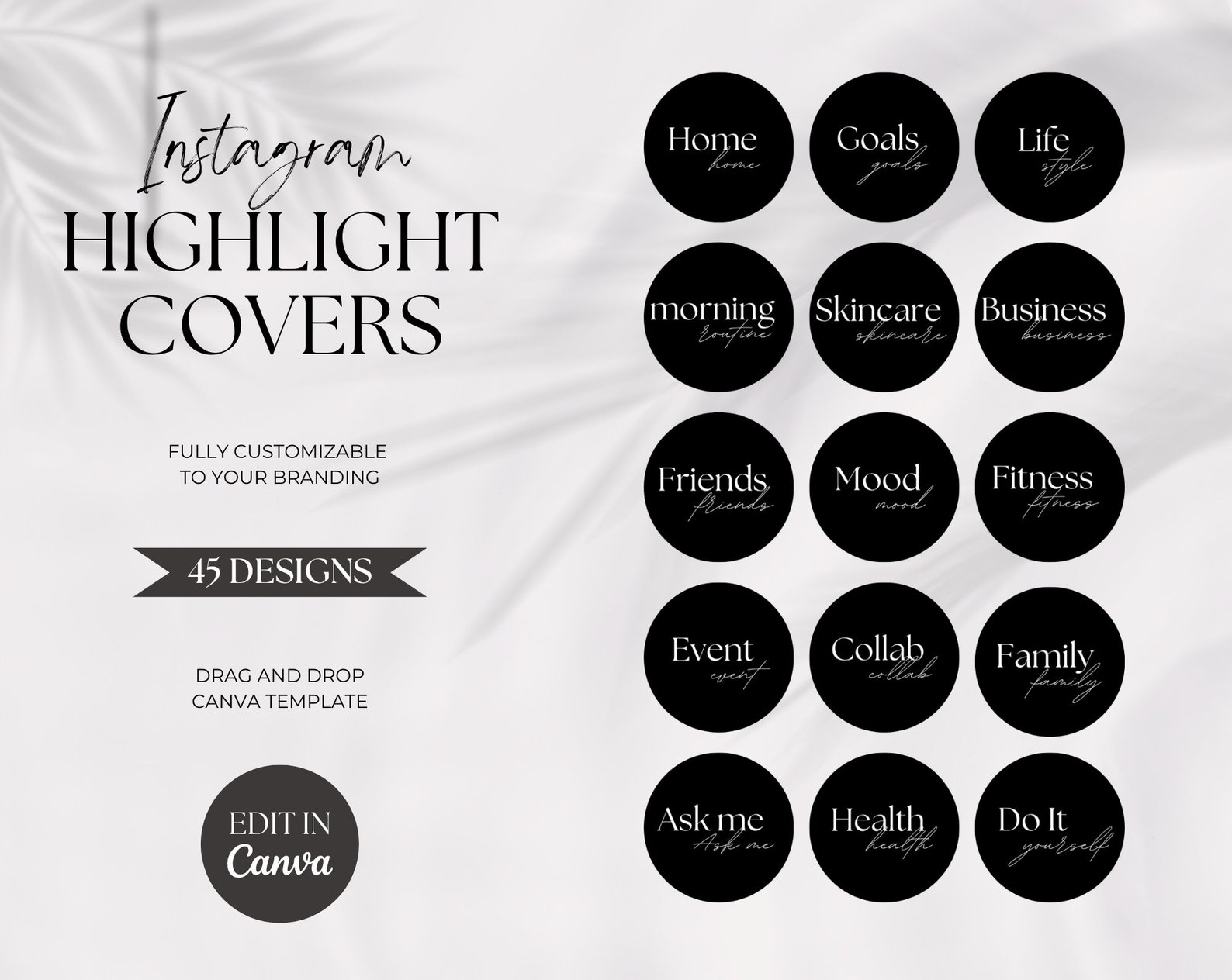45 Editable Instagram Highlight Icons L Elegant Black Canva Story ...