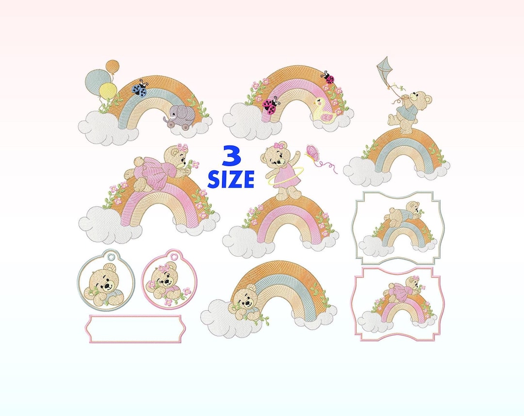 Baby Teddy Bear Monogram Embroidery Design Bundle - Bear on Rainbow ...
