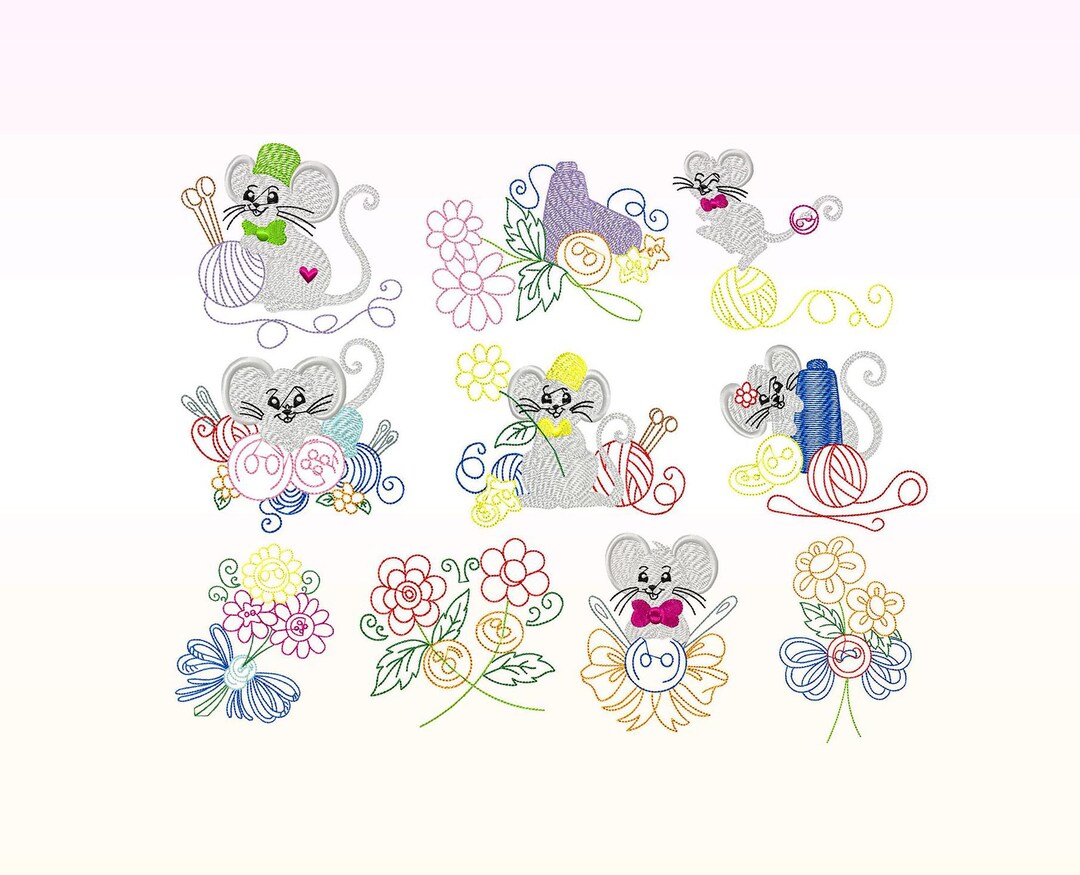 Sewing Mice Embroidery Design Bundle - Sketch Stitch Flower Embroidery ...