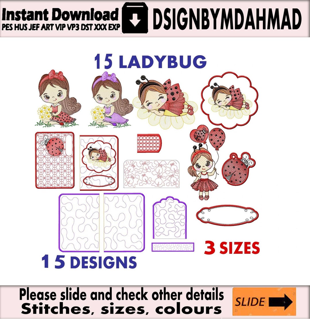 Girl Embroidery Design Bundle Set Ladybug Machine Embroidery Designs ...