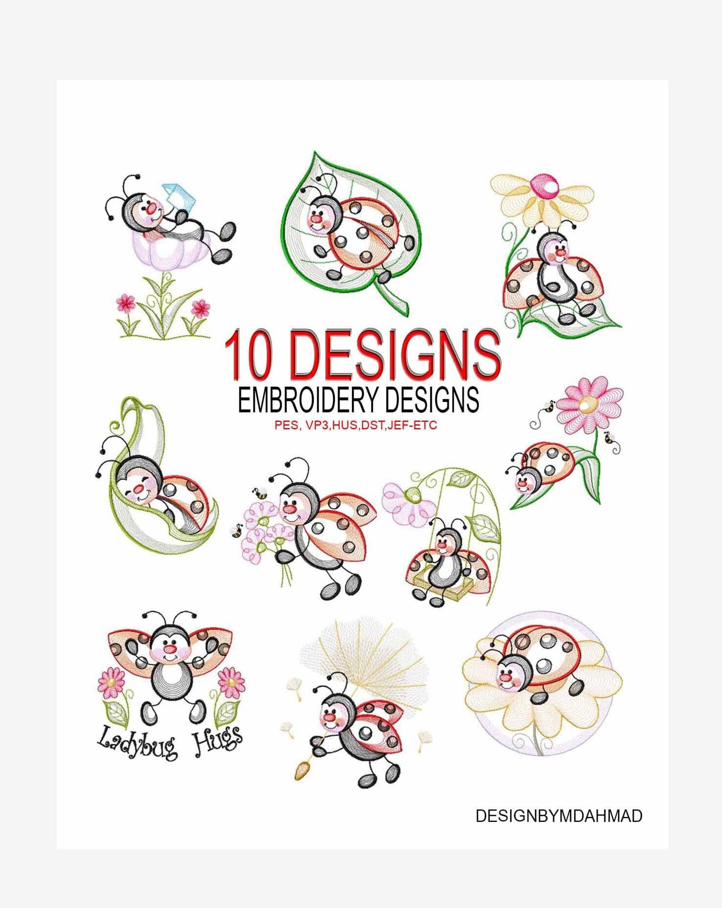 10 Lady Bug Butterfly Embroidery Designs Bundle Files Heart Embroidery ...