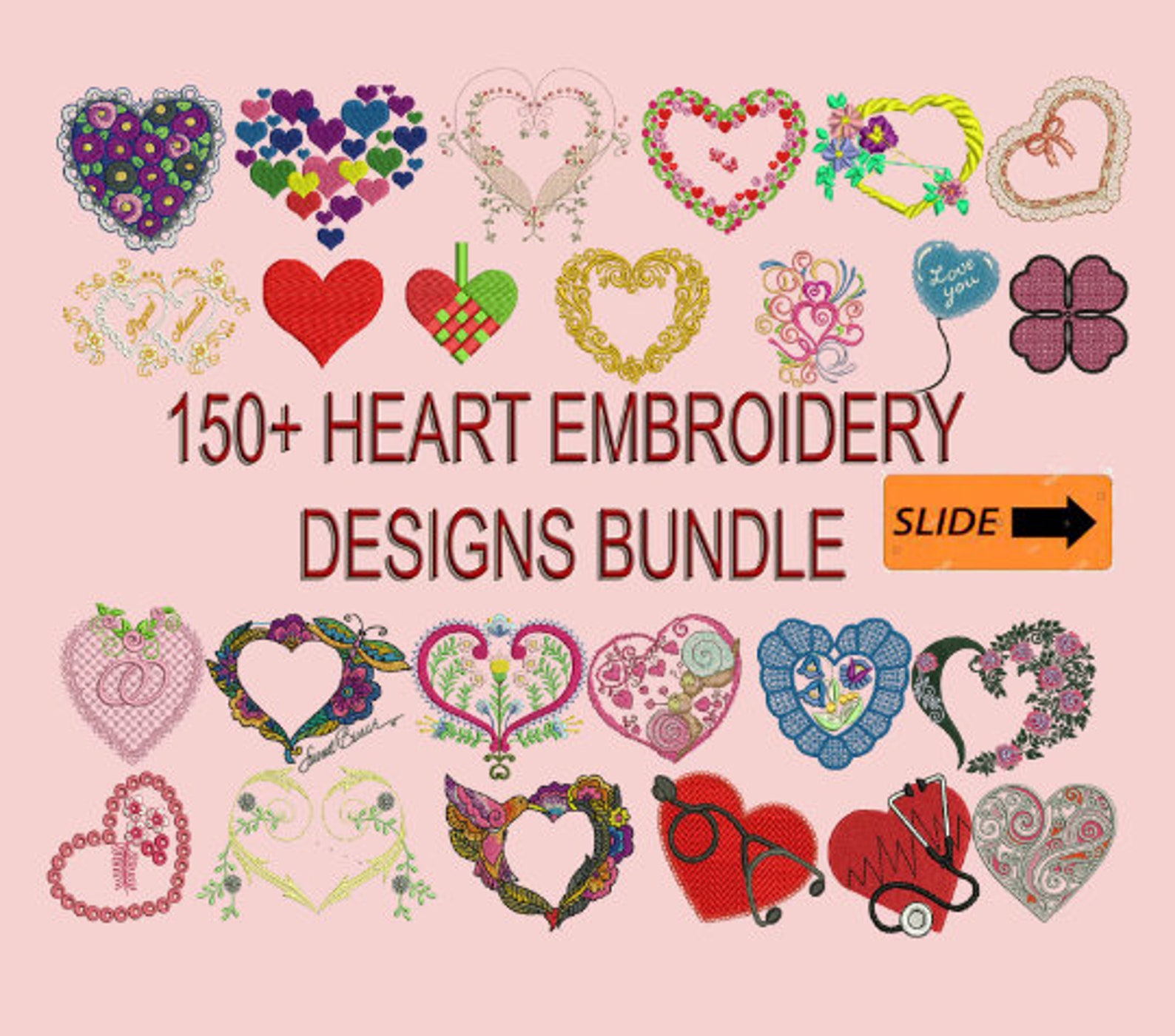 150+ Heart Embroidery Designs Bundle - Heart Machine Embroidery Design ...