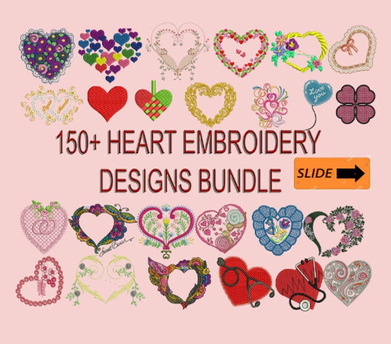 150+ Heart Embroidery Designs Bundle - Heart Machine Embroidery Design ...