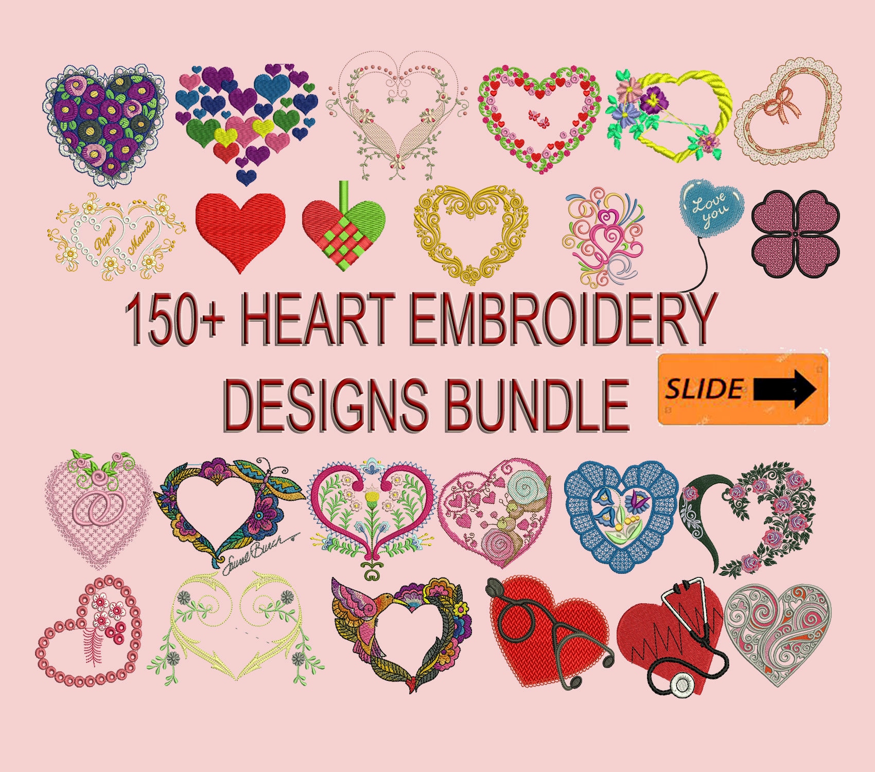 150+ Heart Embroidery Designs Bundle - Heart Machine Embroidery Design ...