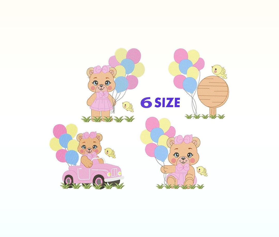Birthday Teddy Bear Embroidery Design Bundle - Bear With Balloon ...