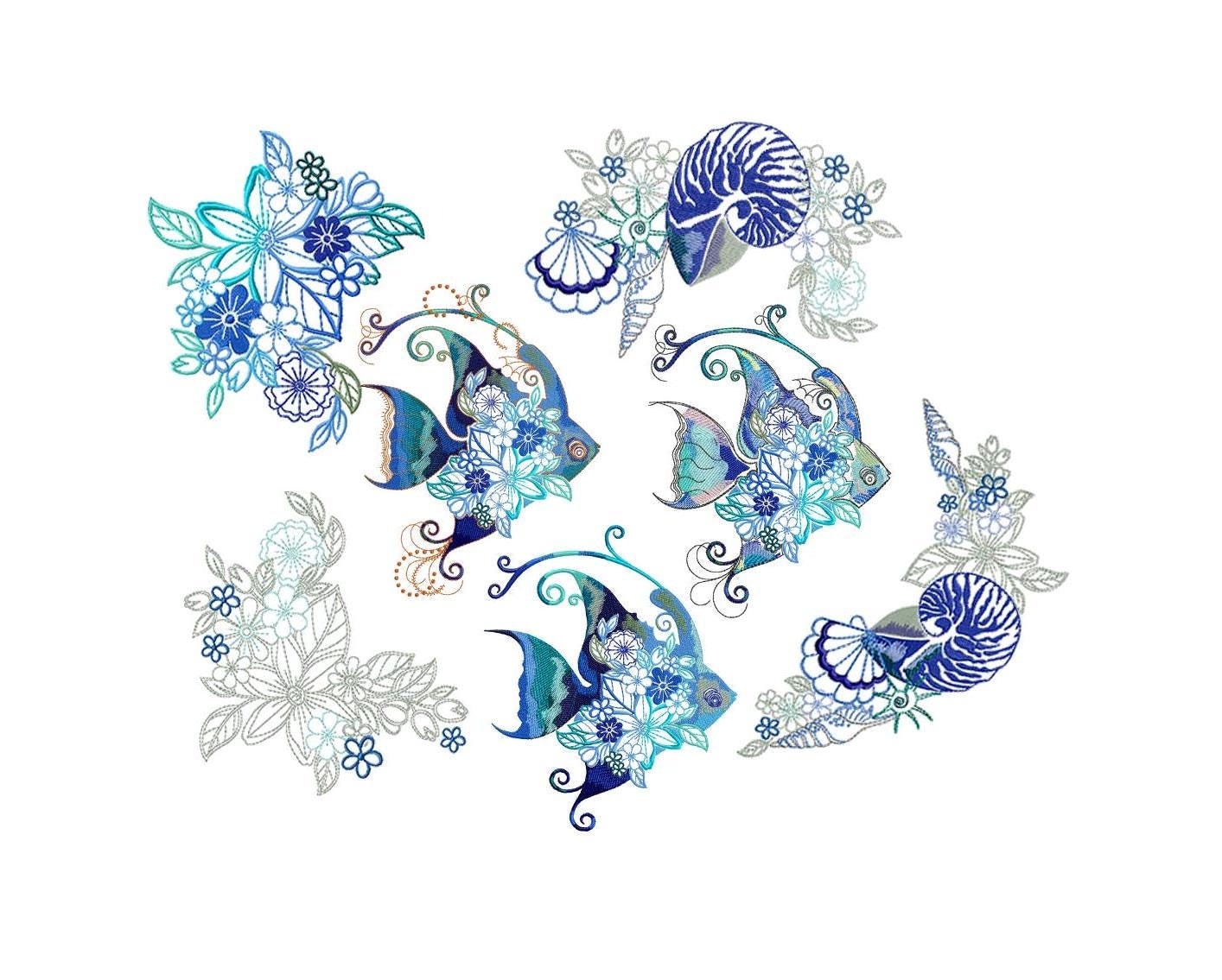 Floral Fish Embroidery Design Bundle Ocean Flowers Embroidery Designs ...