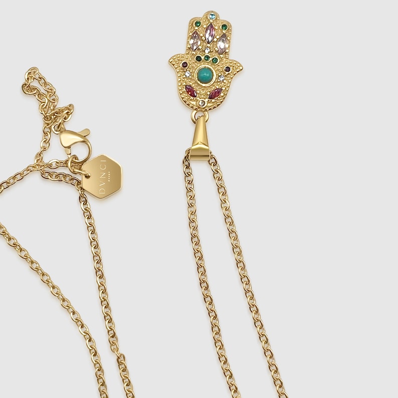 Hamsa Necklace 18k Gold, Hand of Fatima Pendant With Turquoise Evil Eye ...