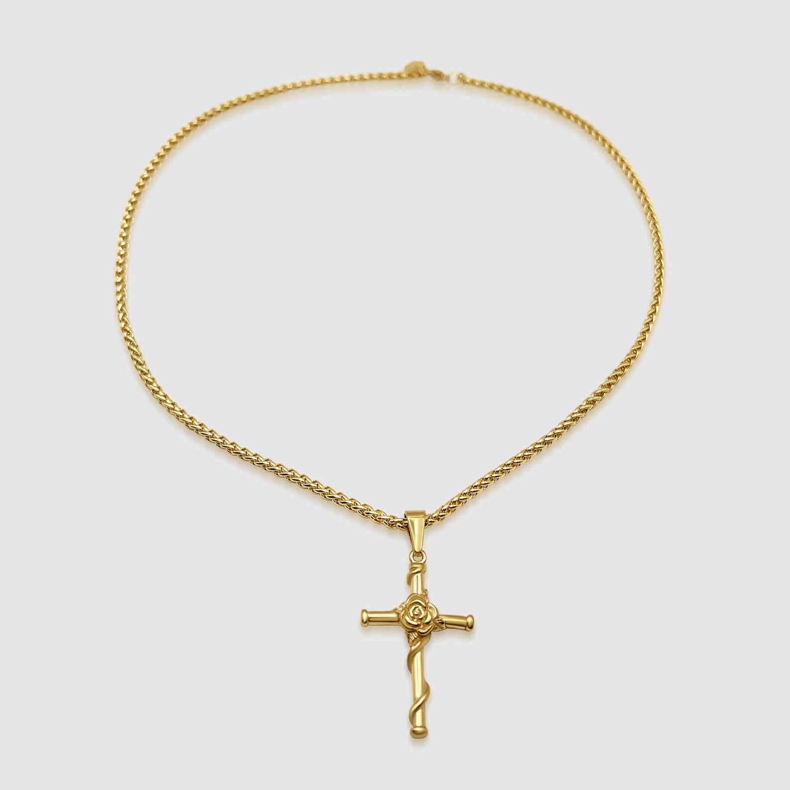 Cross Necklace With Rose in 18k Gold, Men’s Crucifix Catholic Christian ...