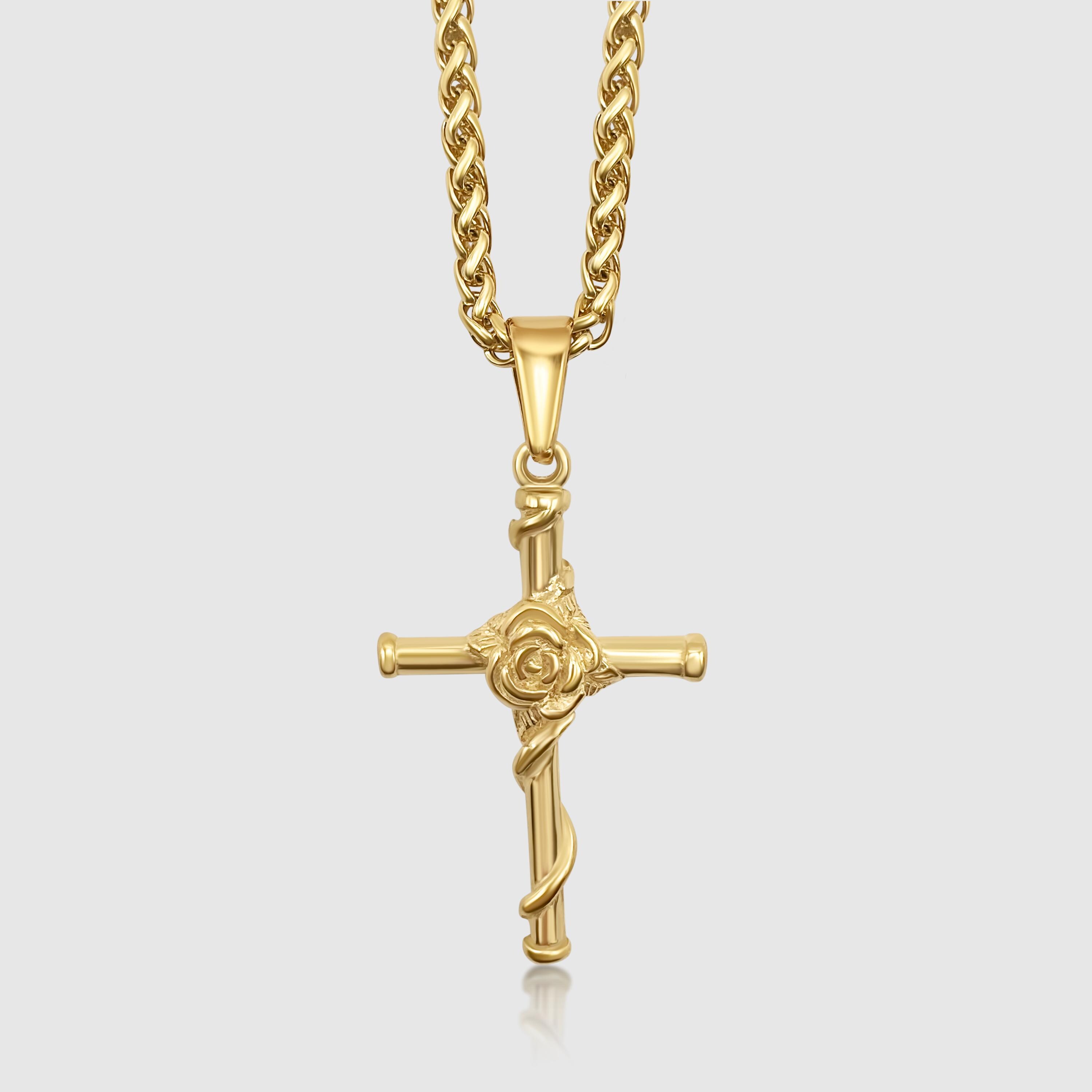 Cross Necklace With Rose in 18k Gold, Men’s Crucifix Catholic Christian ...