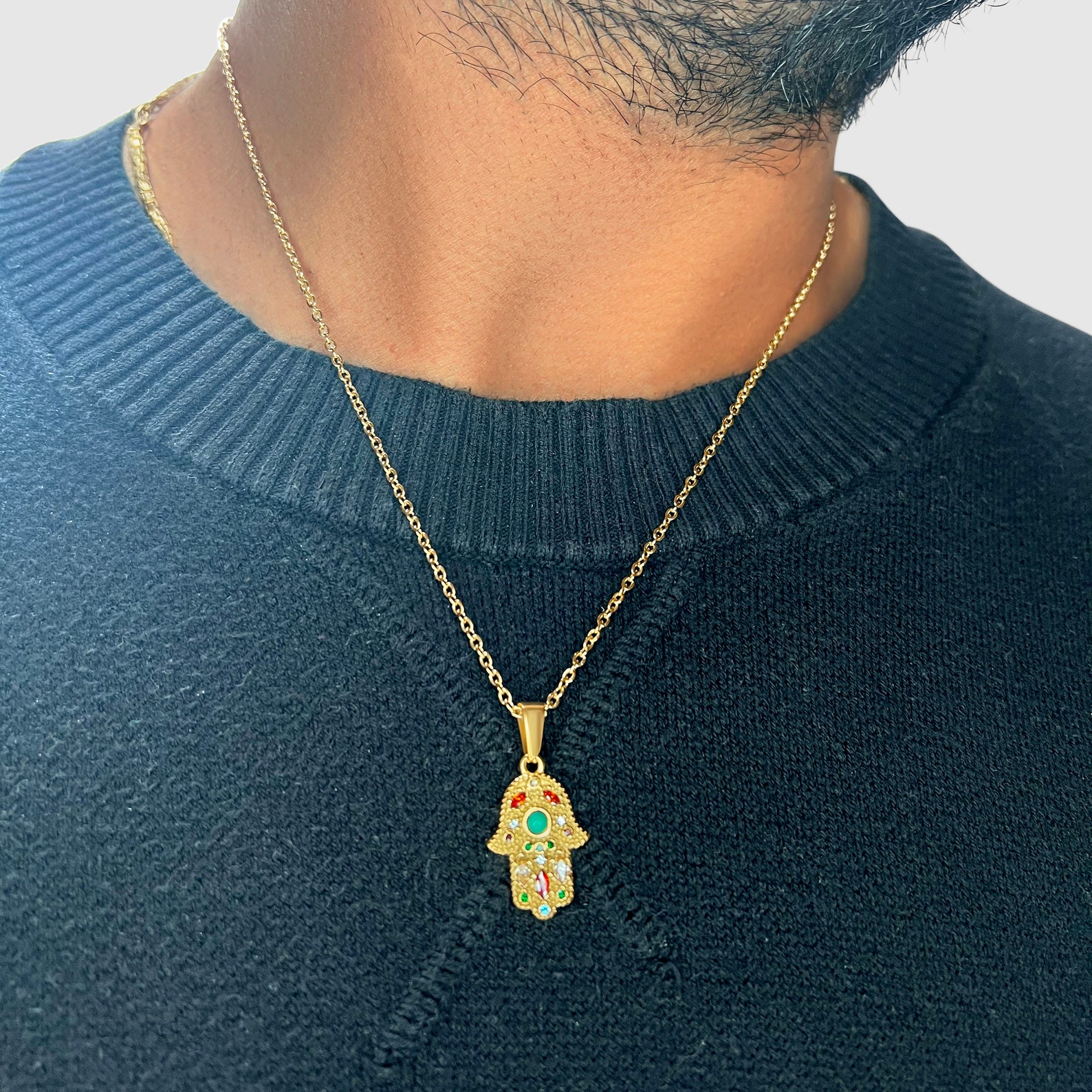 DVNCI Mens 18k Yellow Gold Hamsa Fatima Necklace Evil Eye Pendant ...