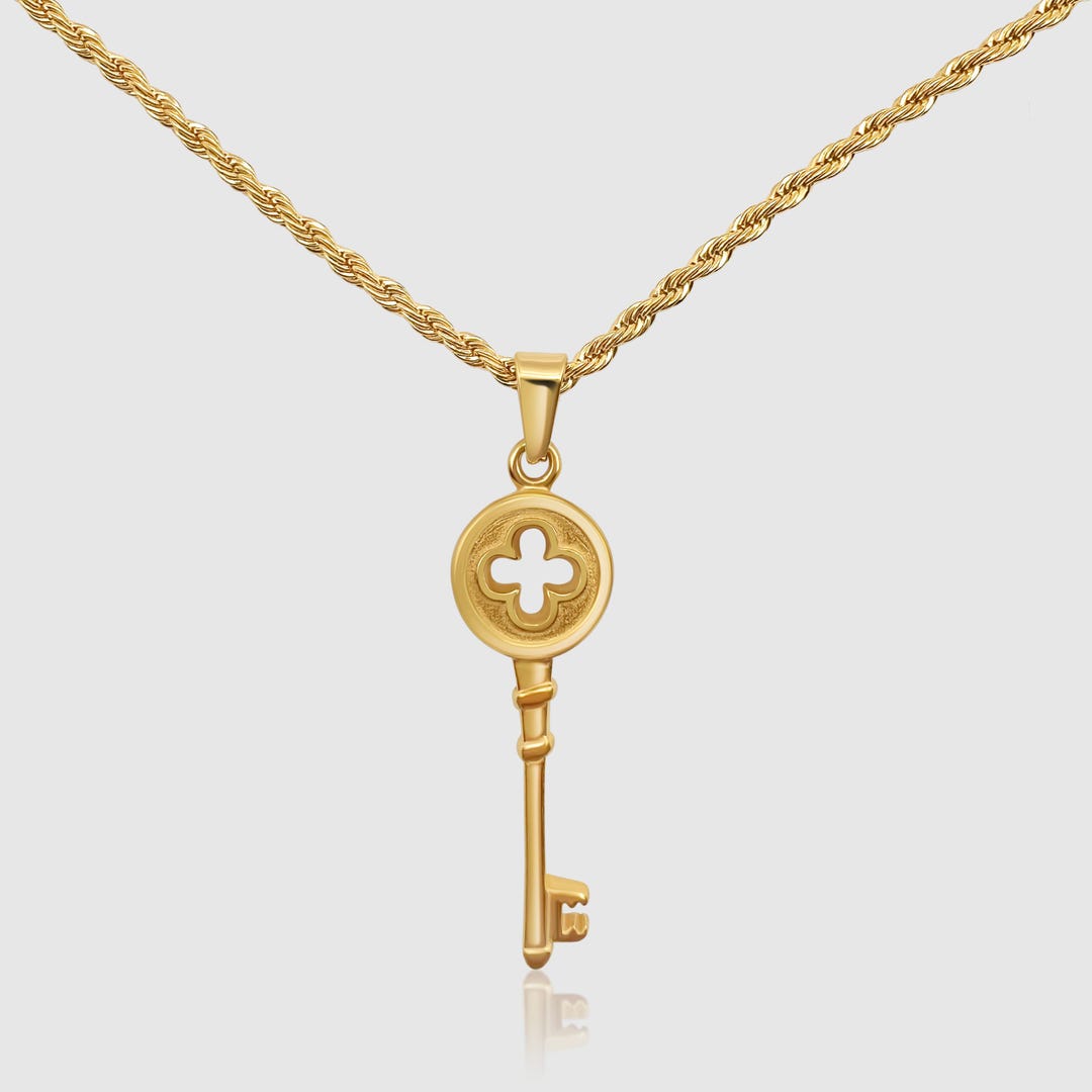 Lucky 4 Leaf Clover Key Pendant Necklace for Men, 18K Gold Charm 20 ...