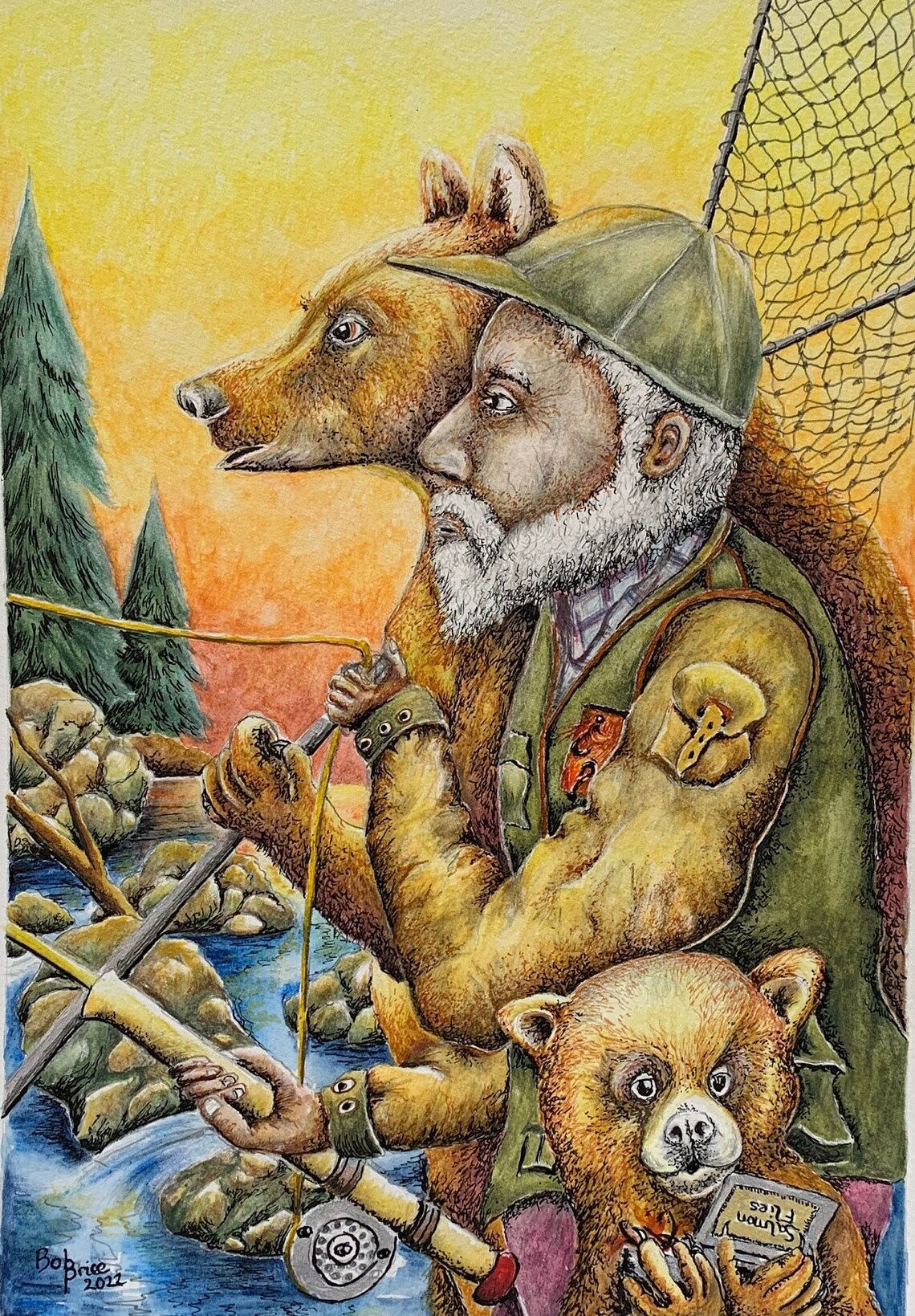 One Last Cast Original Artwork, Angler and Bears Collaborating. - Etsy