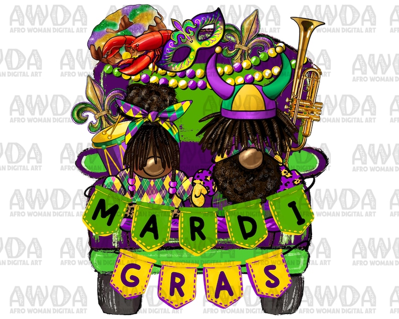 Mardi Gras Afro Gnome Truck Png Sublimation Design Download, Happy ...