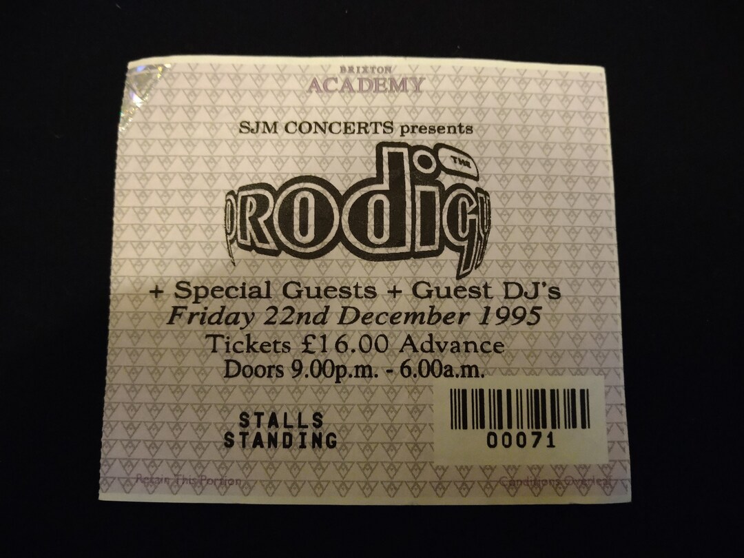 The Prodigy Ticket Stub Brixton Academy 1995 Keith Flint Liam Howlett ...