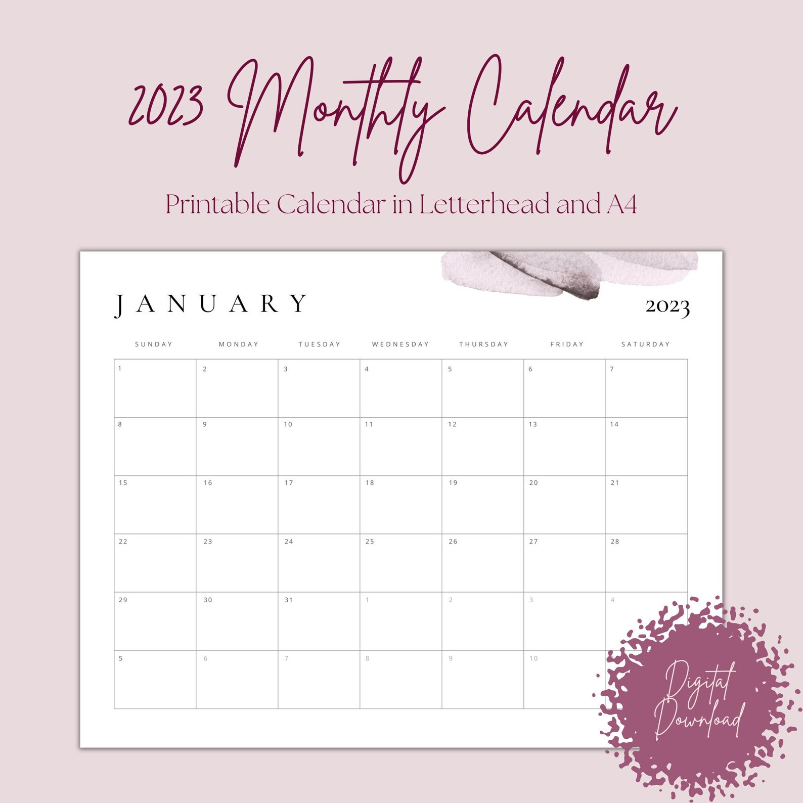2023 Calendar Printable - 2023 Monthly Calendar - Dated Monthly ...