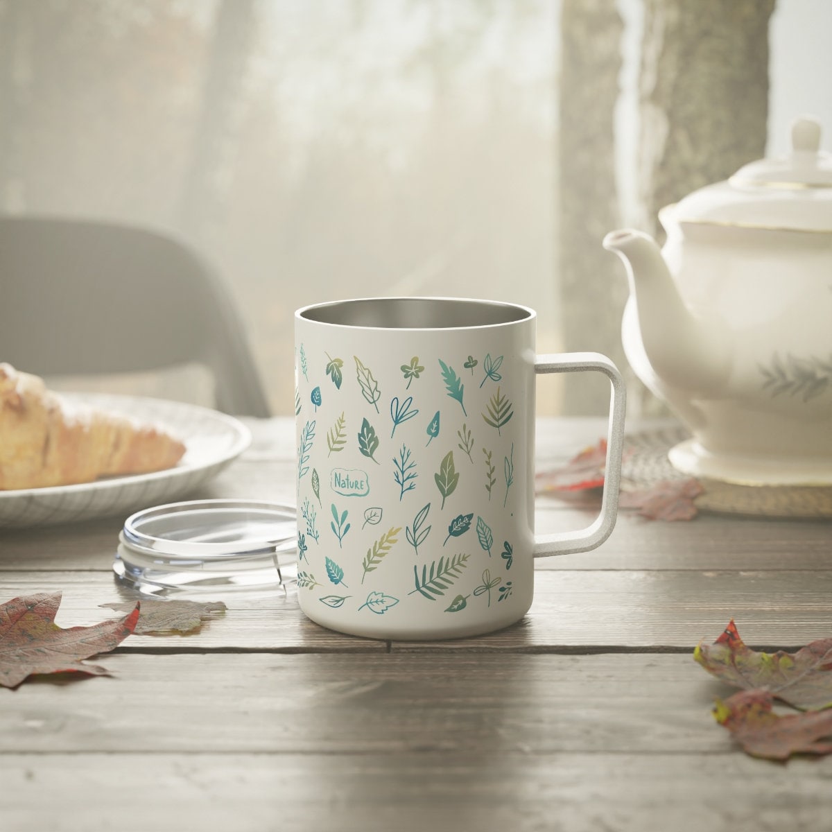Watercolor Blue and Green Nature Leaves Coffee Mug With Lid and Handle ...
