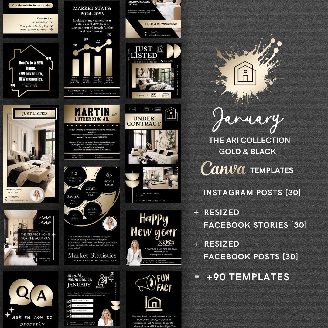 January Real Estate Social Media Template: Gold & Black Canva Realtor ...
