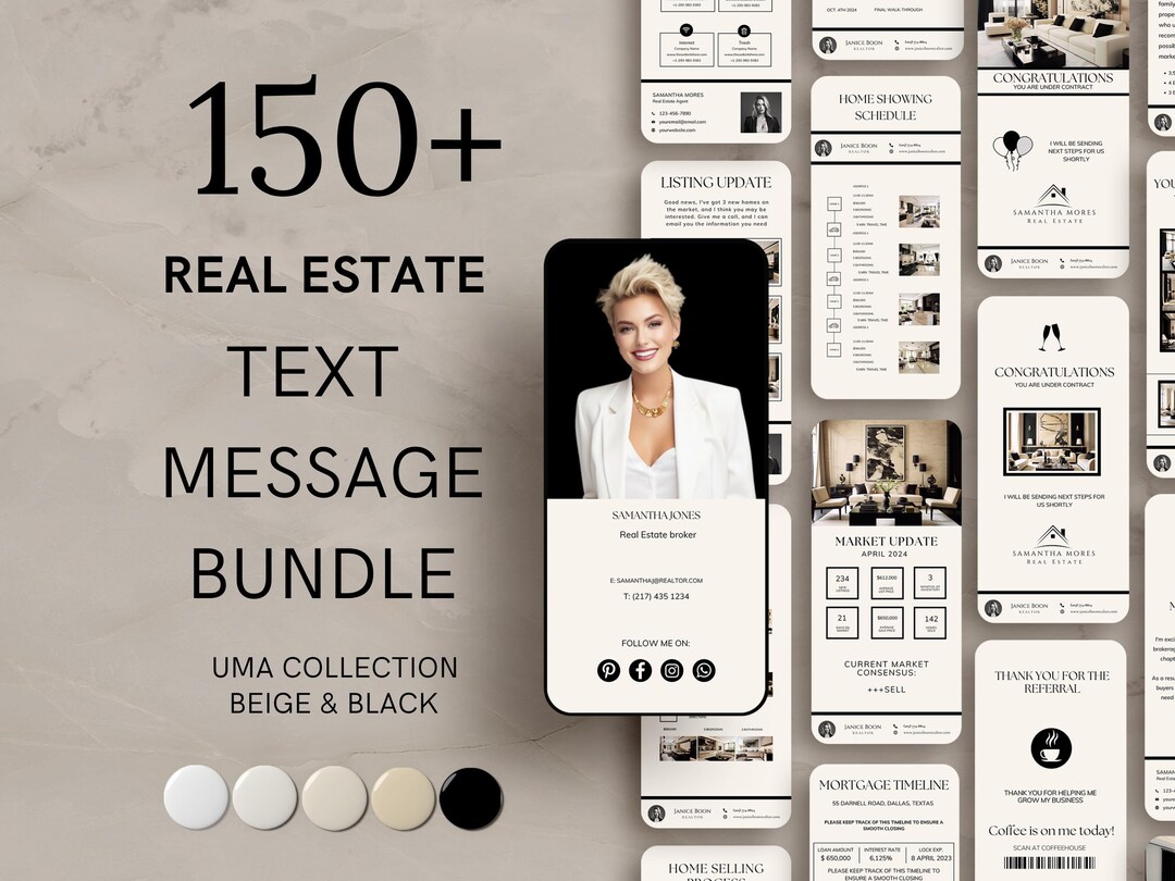 150+ Real Estate Text Message Templates: Beige & Black Canva Realtor ...
