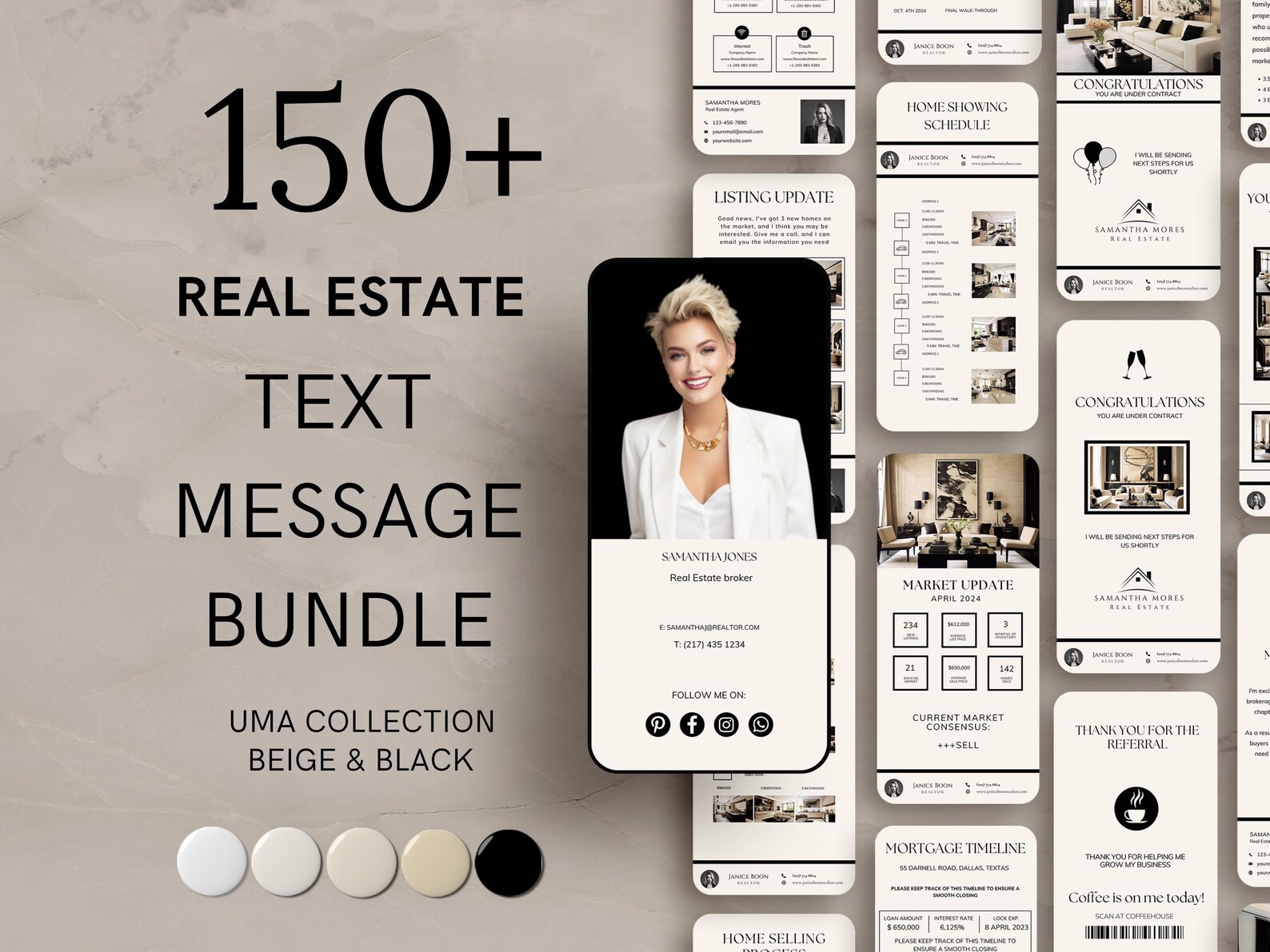 150+ Real Estate Text Message Templates: Beige & Black Canva Realtor ...