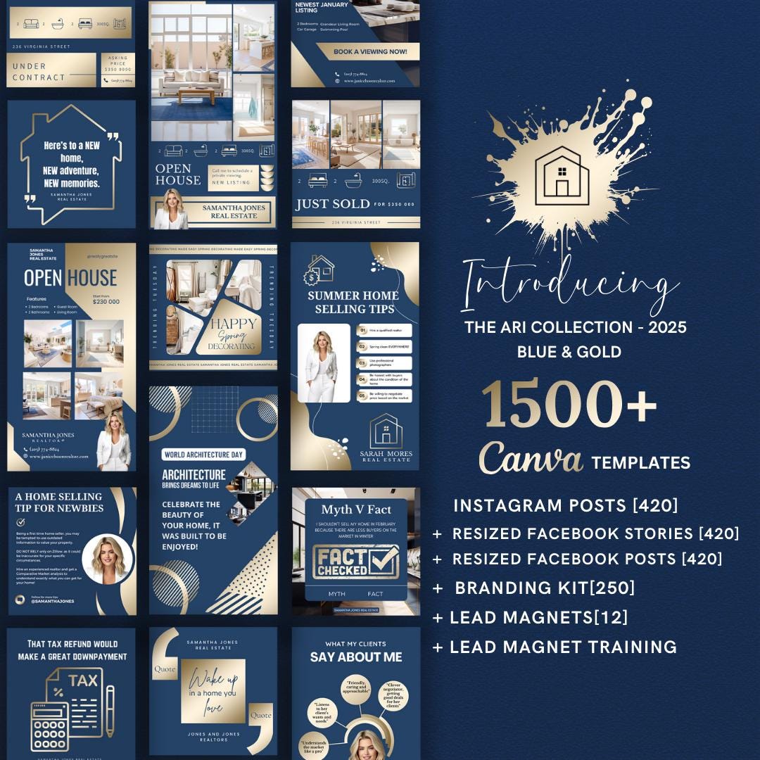 Luxury Real Estate Canva Templates: Blue & Gold Social Media Bundle - Etsy