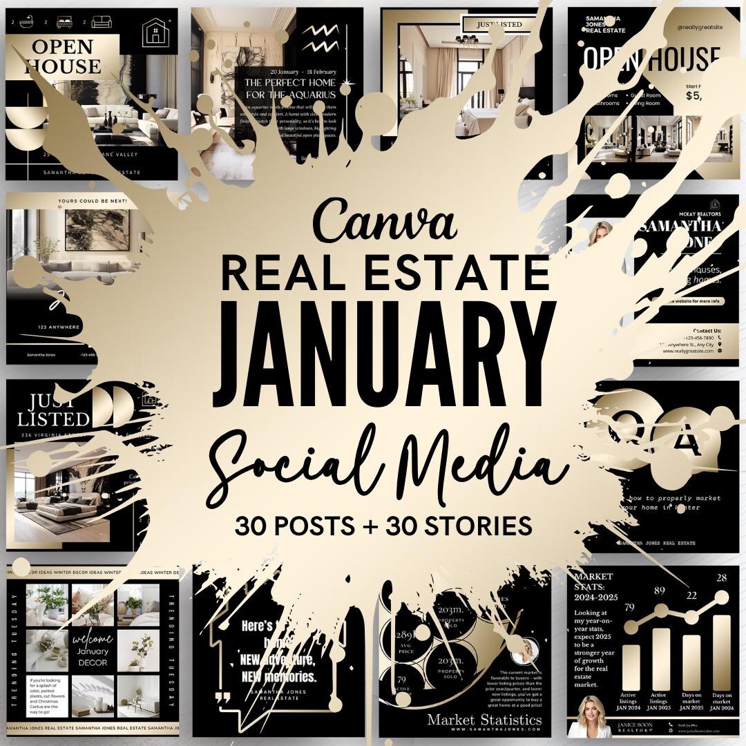 January Real Estate Social Media Template: Gold & Black Canva Realtor ...