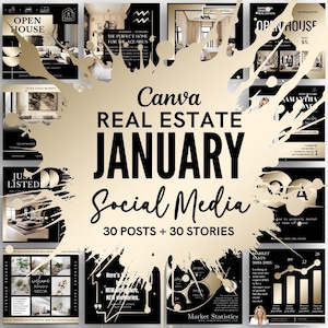 January Real Estate Social Media Template: Gold & Black Canva Realtor ...