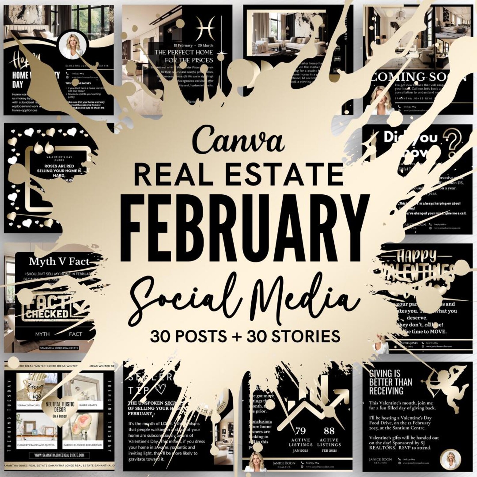 February Real Estate Social Media Templates: Gold & Black Canva Bundle ...