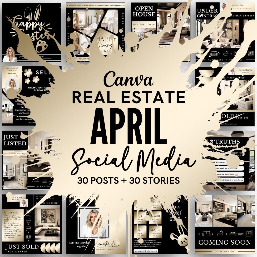 April Real Estate Monthly Social Media Marketing Templates in Gold and ...