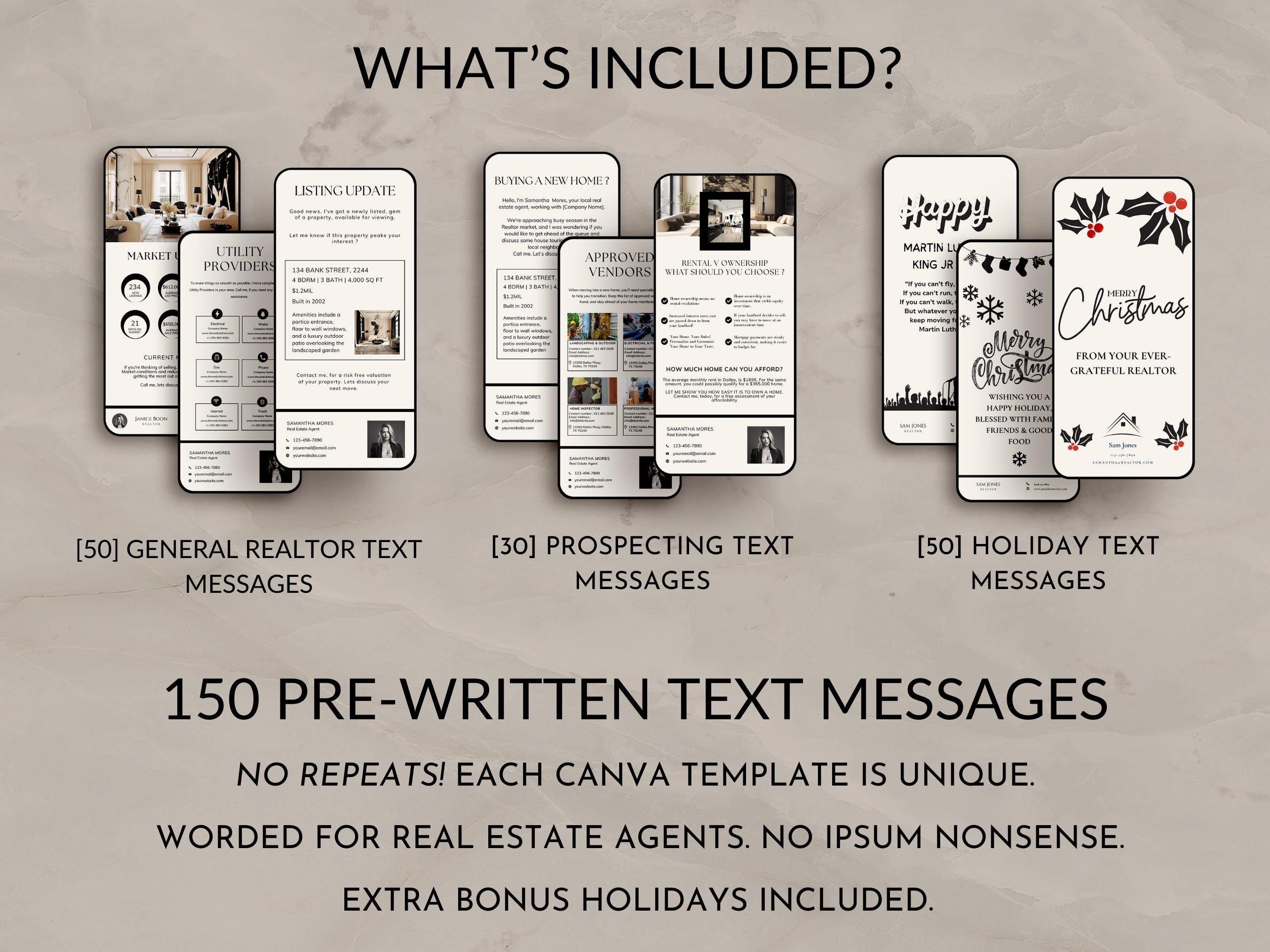 150+ Real Estate Text Message Templates: Beige & Black Canva Realtor ...