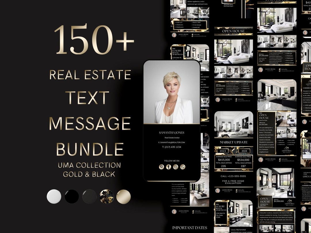 Real Estate Text Templates: 150+ Gold & Black Canva Designs - Etsy