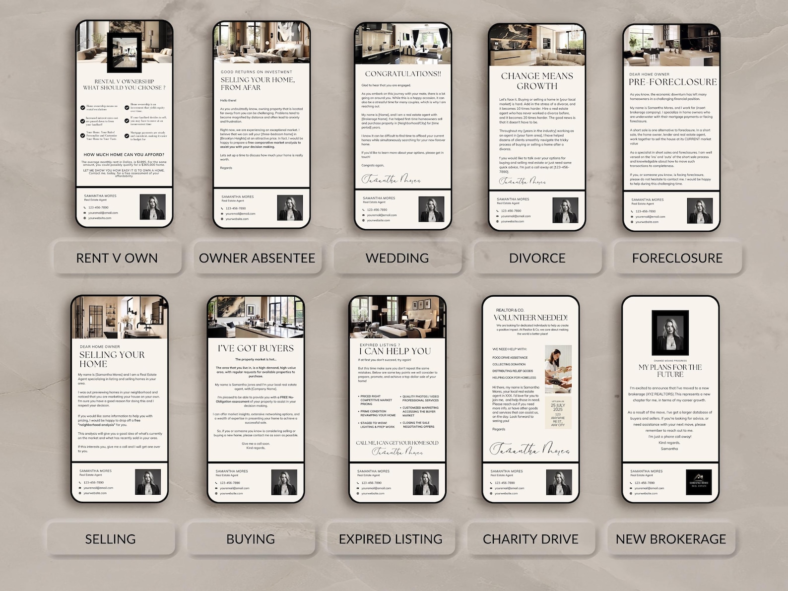 150+ Real Estate Text Message Templates: Beige & Black Canva Realtor ...