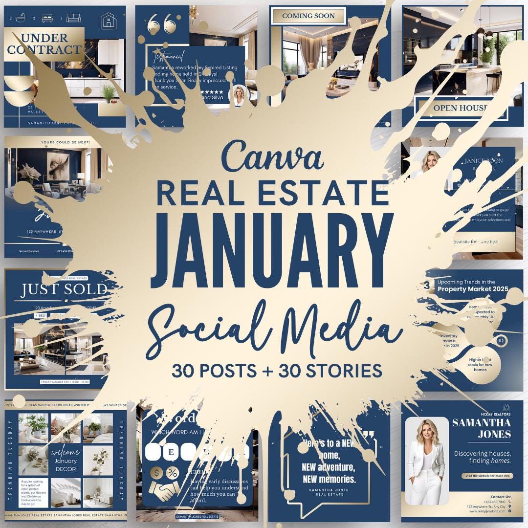 Real Estate January Social Media Canva Templates: Blue & Gold (digital ...