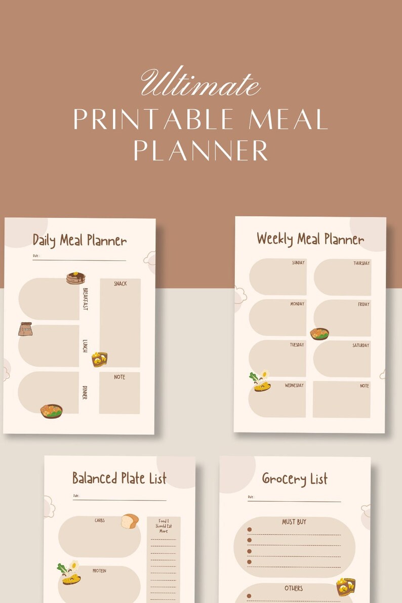 Meal Planner Printable | Daily Food Journal, Grocery List, Meal Prep ...