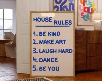 House Rules Retro Wall Art Blue Rules Print Retro Quote Print Trendy ...
