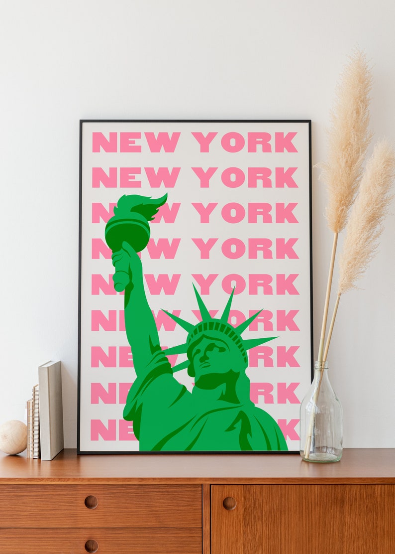 New York City Print Digital Art Pink And Green Nyc Print New York Poster Cute Trendy Wall