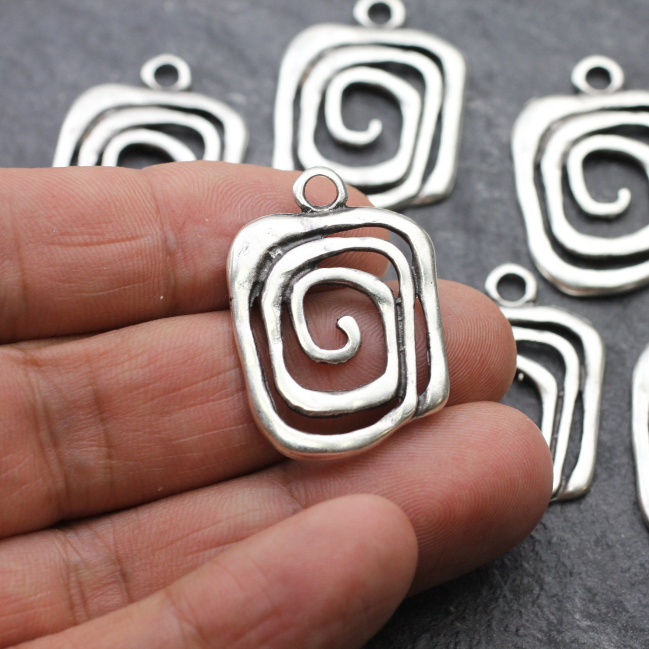 5 Antique Silver Asymmetric Spiral Charms Pendant, Silver Square Charms ...