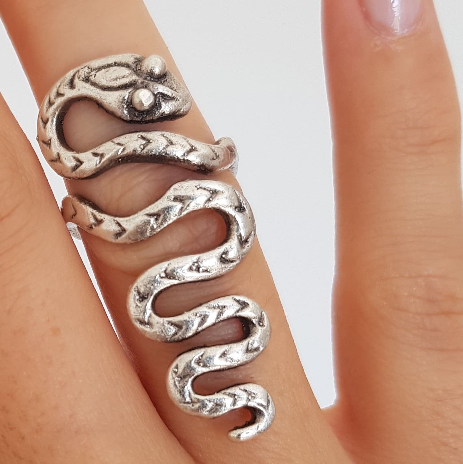 Silver Snake Ring, Brass Boho Ring, Long Snake Ring, Zamak Serpent Ring ...