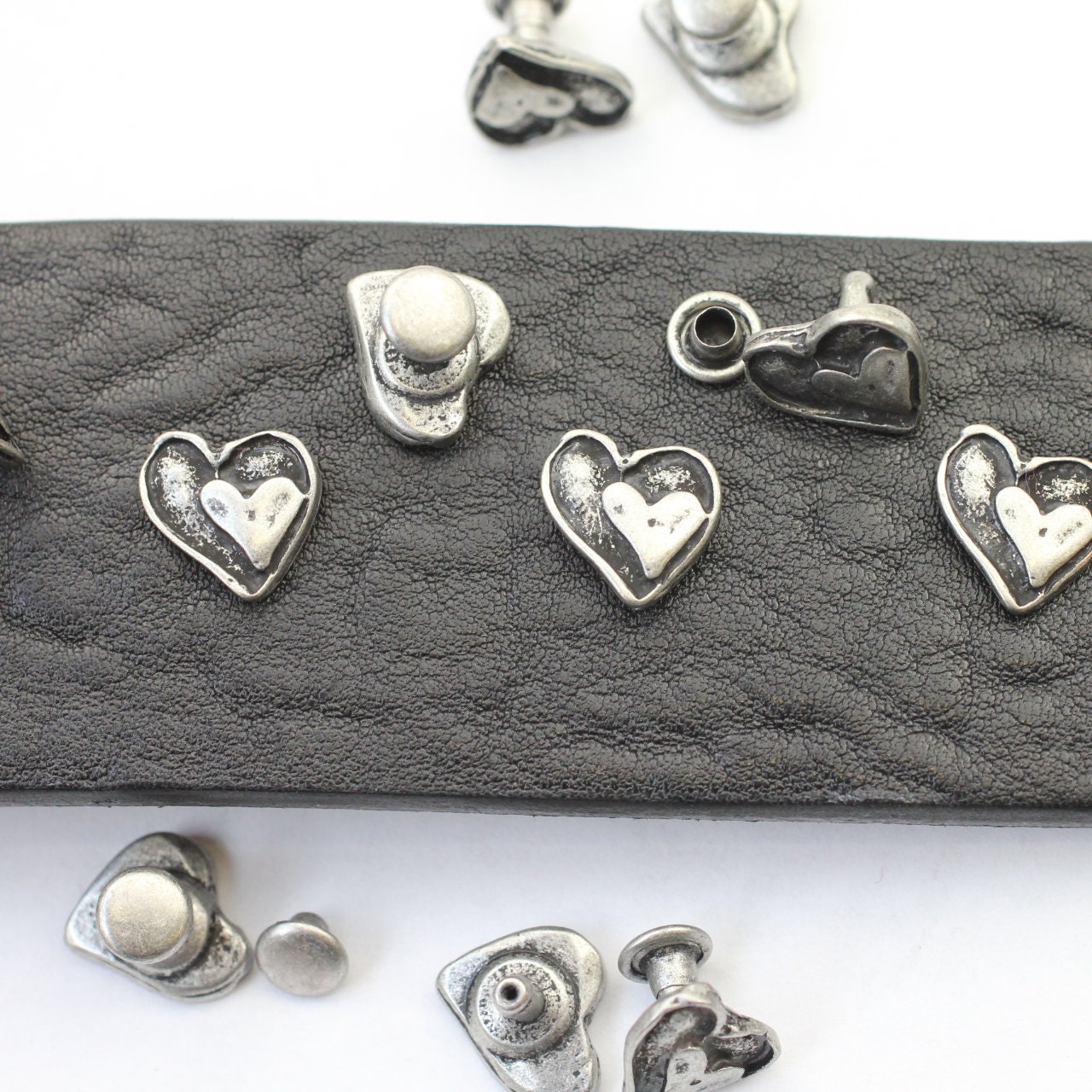 10 Dark Silver Heart Rivets, Heart Charms, Antique Silver Plated, Zamak ...