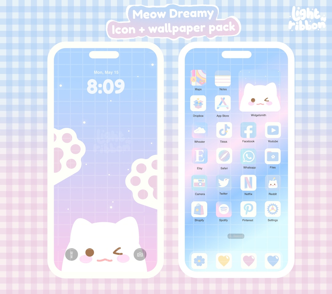 Cute App Icon Pink Blue iPhone IOS 14 , Meow Dreamy Kawaii Icons iPhone ...
