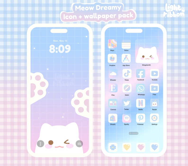 Cute App Icon Pink Blue iPhone IOS 14 , Meow Dreamy Kawaii Icons iPhone ...