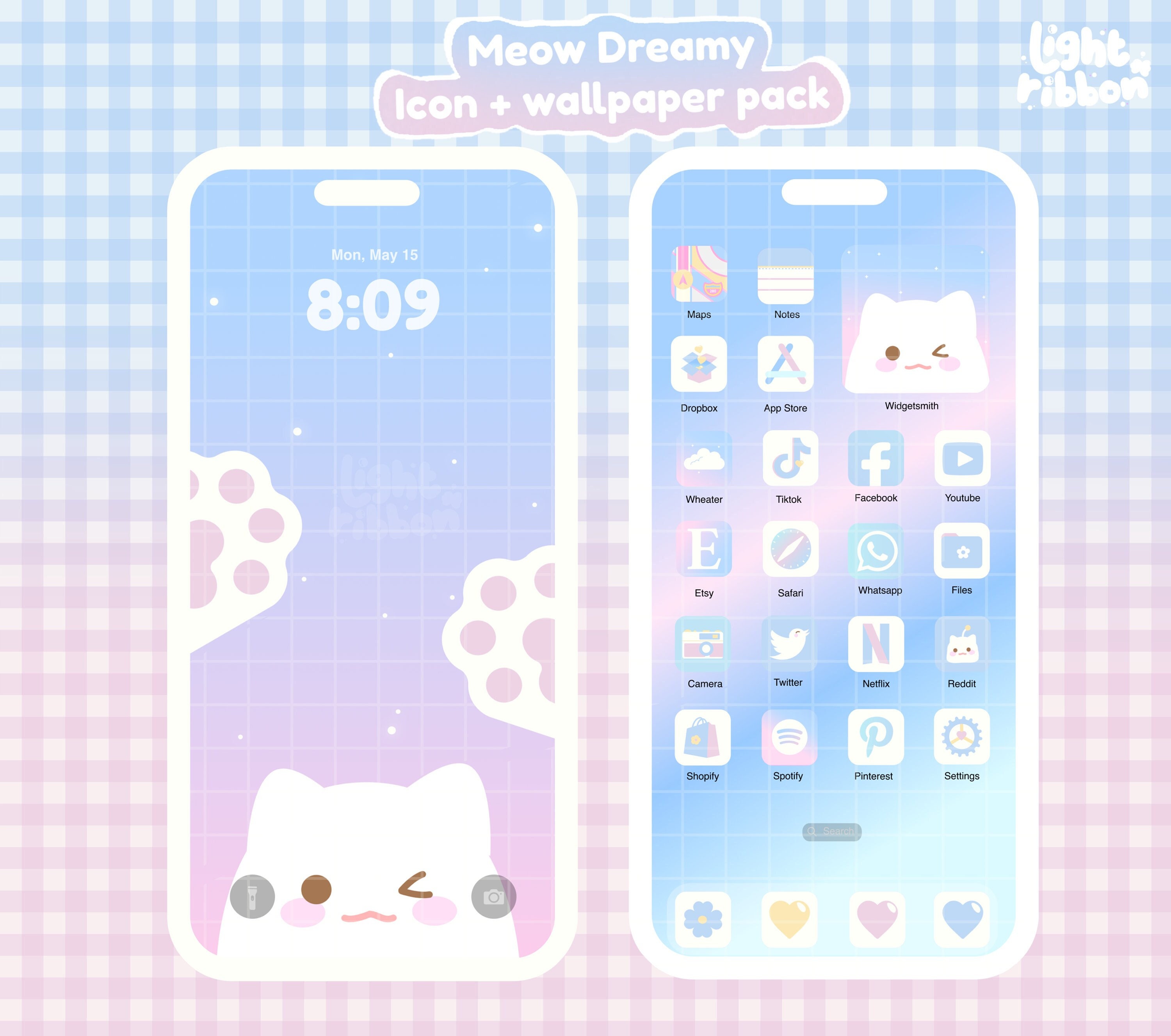 Cute App Icon Pink Blue iPhone IOS 14 , Meow Dreamy Kawaii Icons iPhone ...