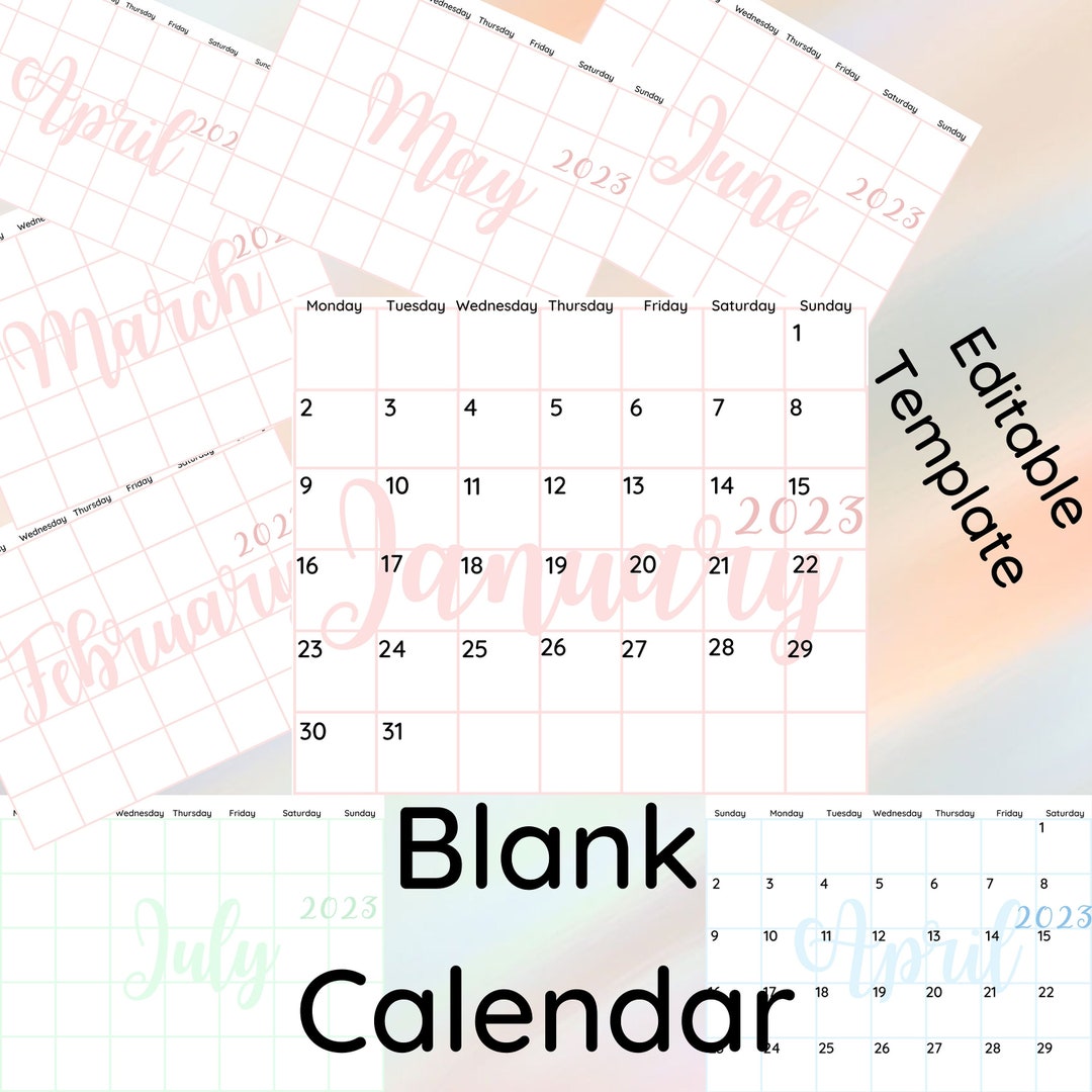 Blank Calendar, Printable Calendar, Editable Calendar, Calendar ...