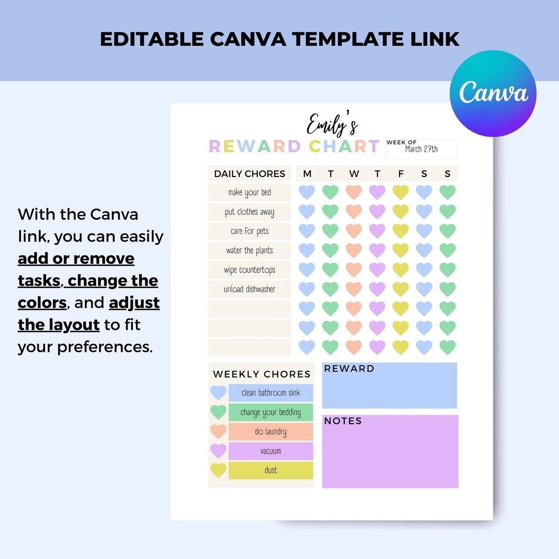 Reward Chart Editable Chore Chart Behavior Chart Chores Chart for Kids ...