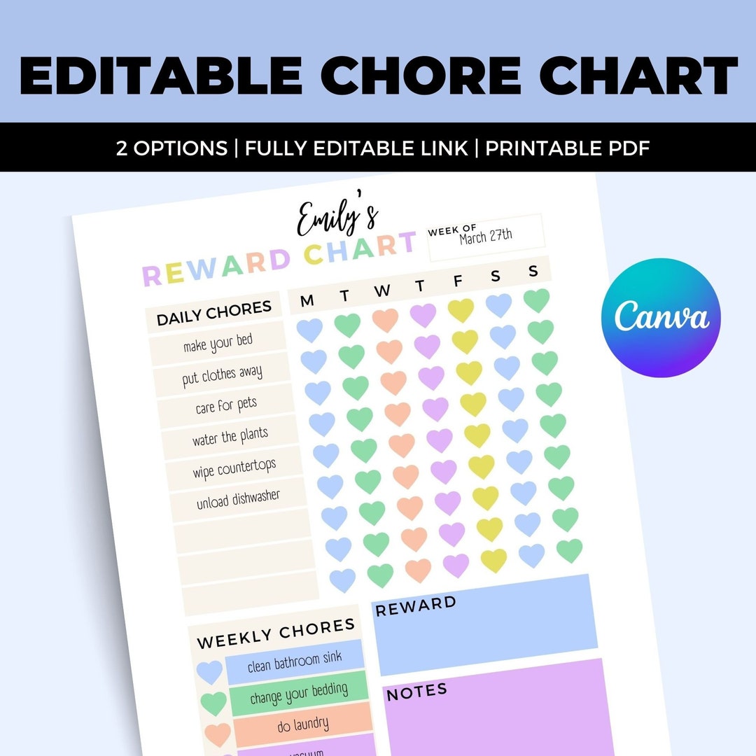 Reward Chart Editable Chore Chart Behavior Chart Chores Chart for Kids ...